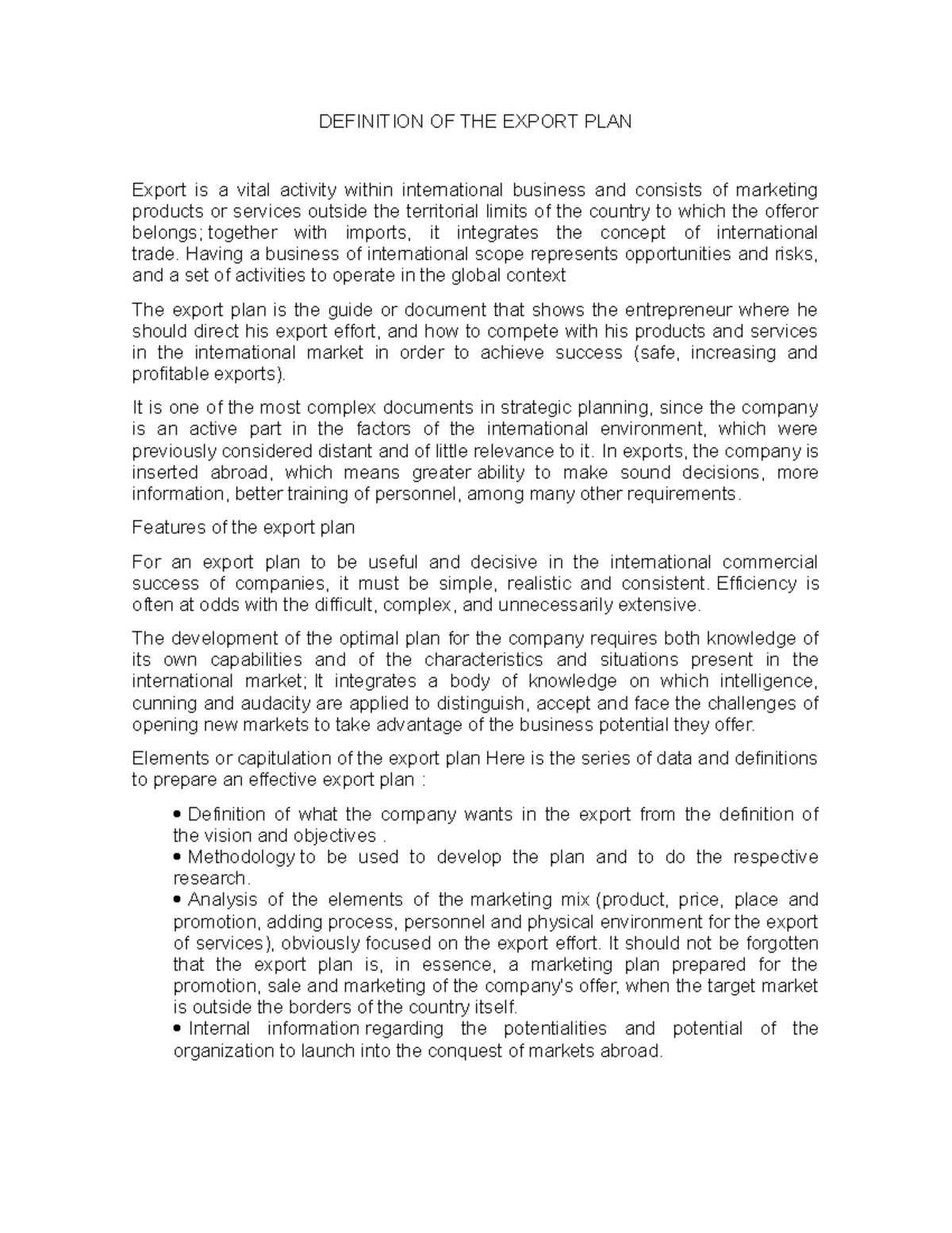 DEFINITION OF THE EXPORT PLAN - DEFINITION OF THE EXPORT PLAN Export is ...