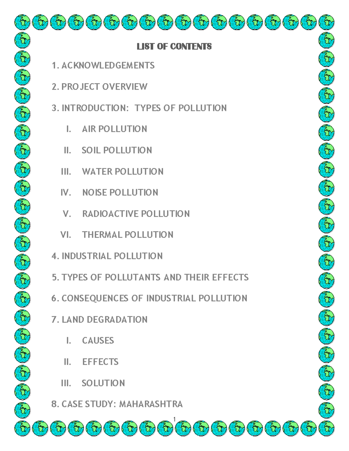 Project on pollution - LIST OF CONTENTS 1. ACKNOWLEDGEMENTS 2. PROJECT ...