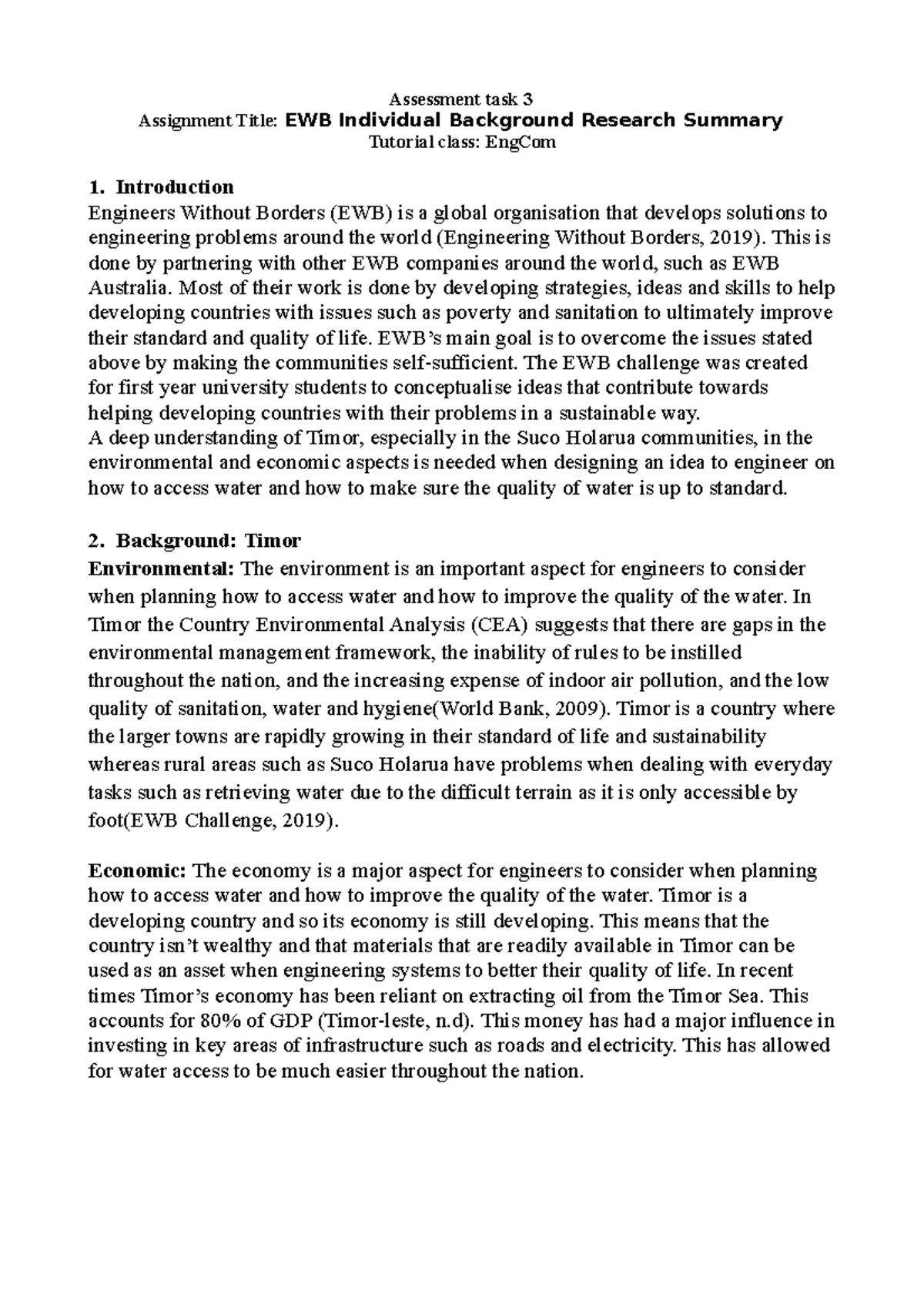 Assessment task 3 Engcom - Assessment task 3 Assignment Title: EWB ...