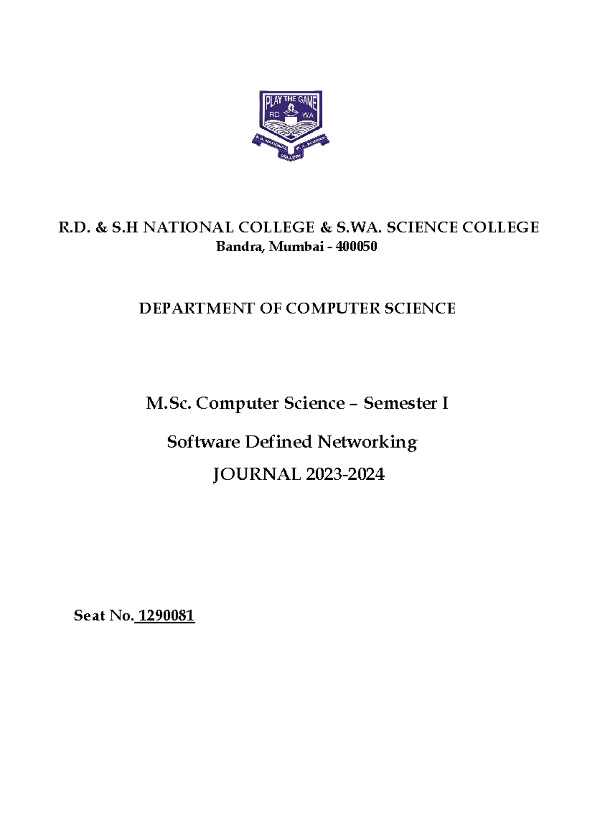 SDN practicals - Master of information technology - R. & S NATIONAL COLLEGE & S. SCIENCE - Studocu
