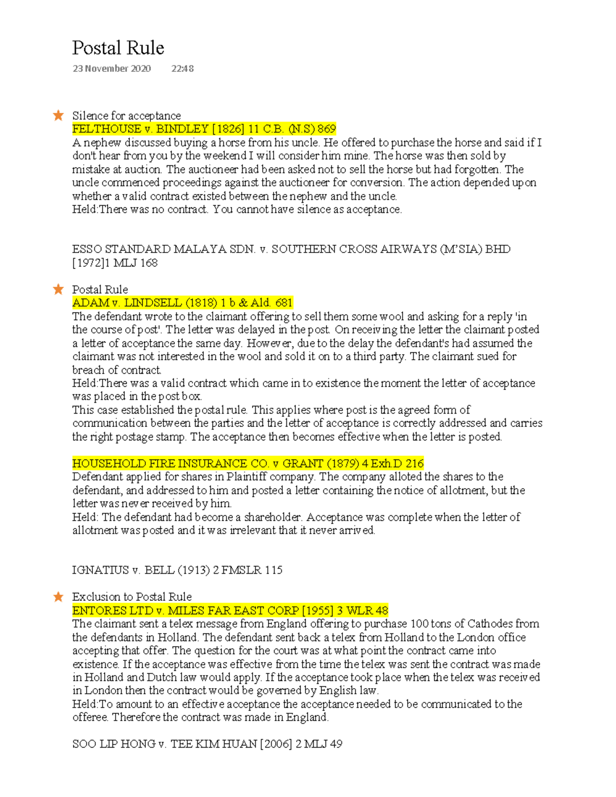 Postal Rule Summary Case - 6LOHQFH IRU DFFHSWDQFH )(/7+286( Y %,1 ...