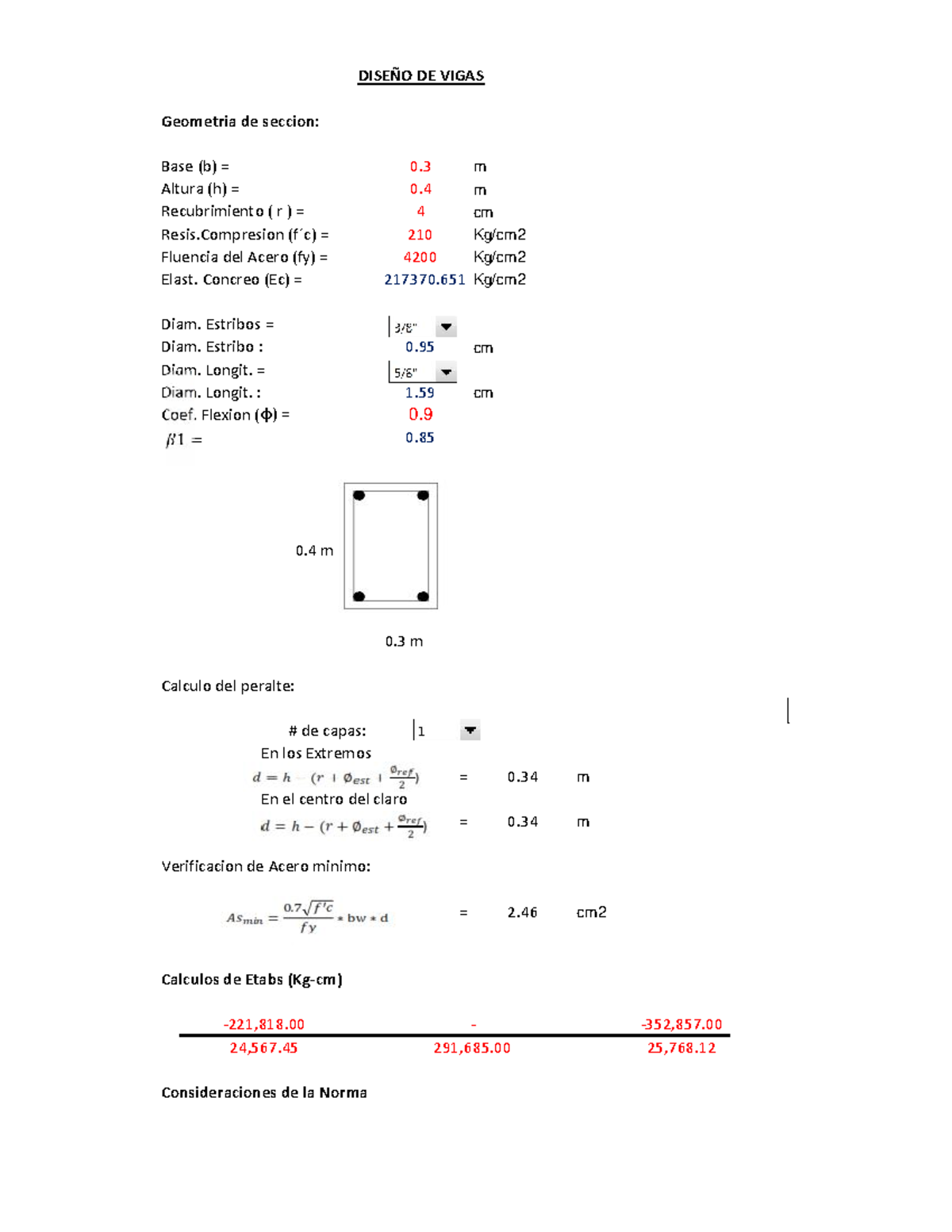 5.3 Diseño DE Vigas - ESTRUCTURAS - Geometria de seccion: Base (b) = 0 ...
