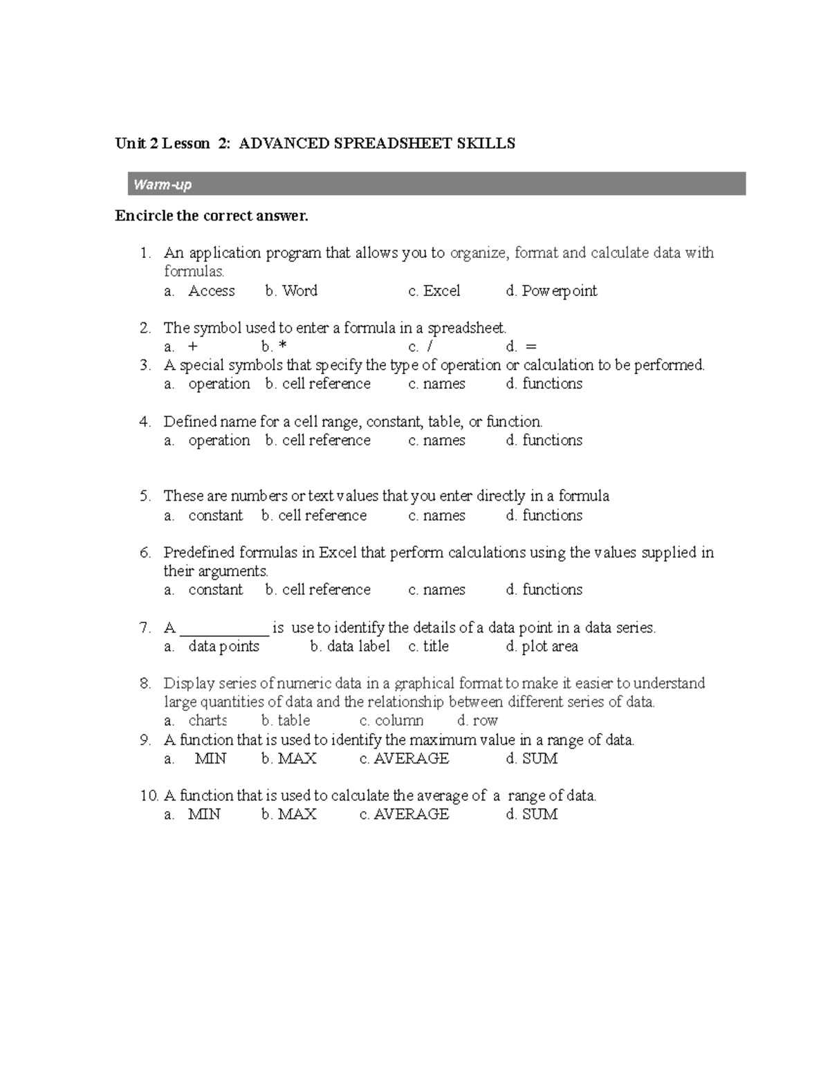 Revised EMP Unit 2 Lesson 2 Advanced Spreadsheet Skills - Unit 2 Lesson 2: ADVANCED SPREADSHEET ...
