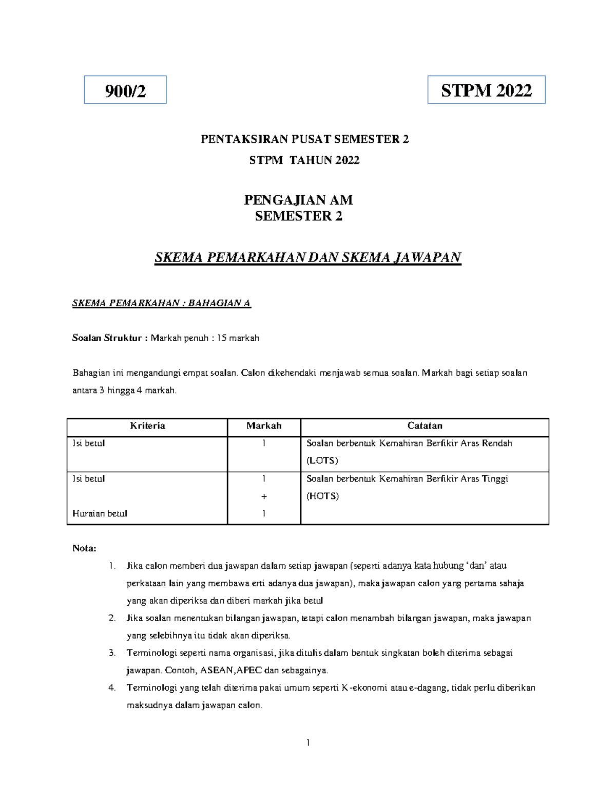 Skema Pengajian AM S2 2022 - SKEMA PEMARKAHAN DAN SKEMA JAWAPAN SKEMA PEMARKAHAN : BAHAGIAN A ...