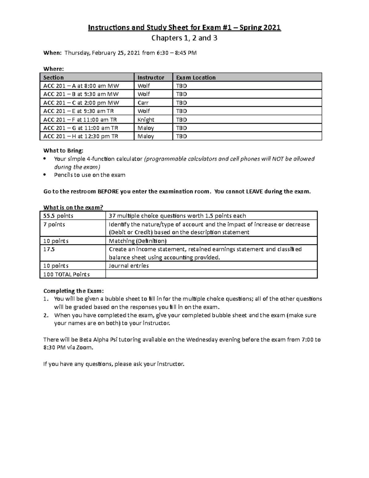 STG Exam #1 - STG Exam #1 - Instructions and Study Sheet for Exam #1 – Spring 2021 Chapters 1, 2 ...