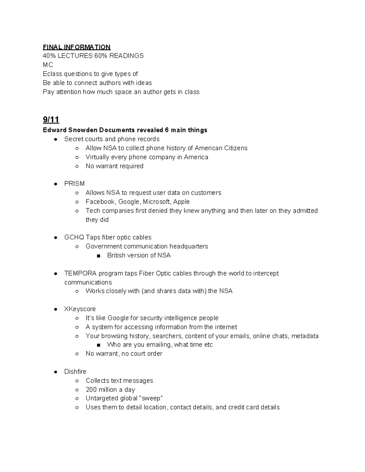 Final Class - Lecture Notes for Professor Kevin Haggerty - FINAL ...