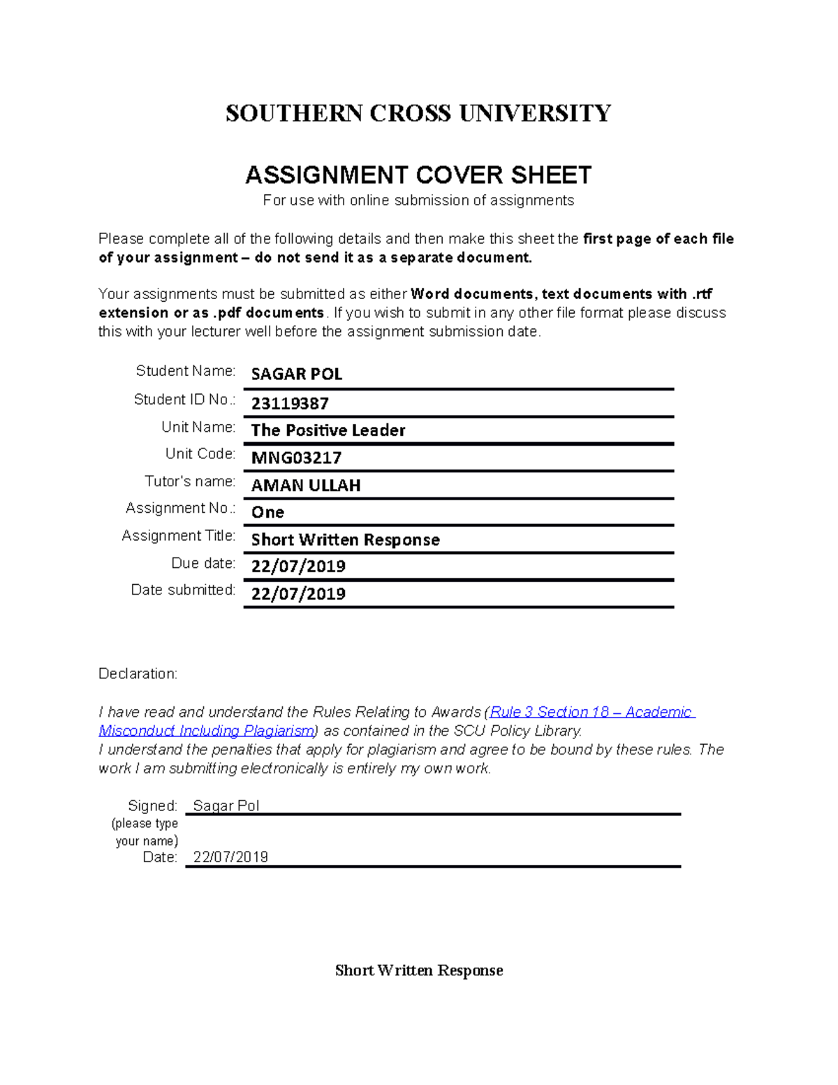 PL - A1 - Positive Leader - SOUTHERN CROSS UNIVERSITY ASSIGNMENT COVER ...