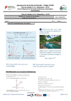 Ficha de trabalho 1 modulo A1 - Matemática – 10.º (Ano 1) Ano letivo ...