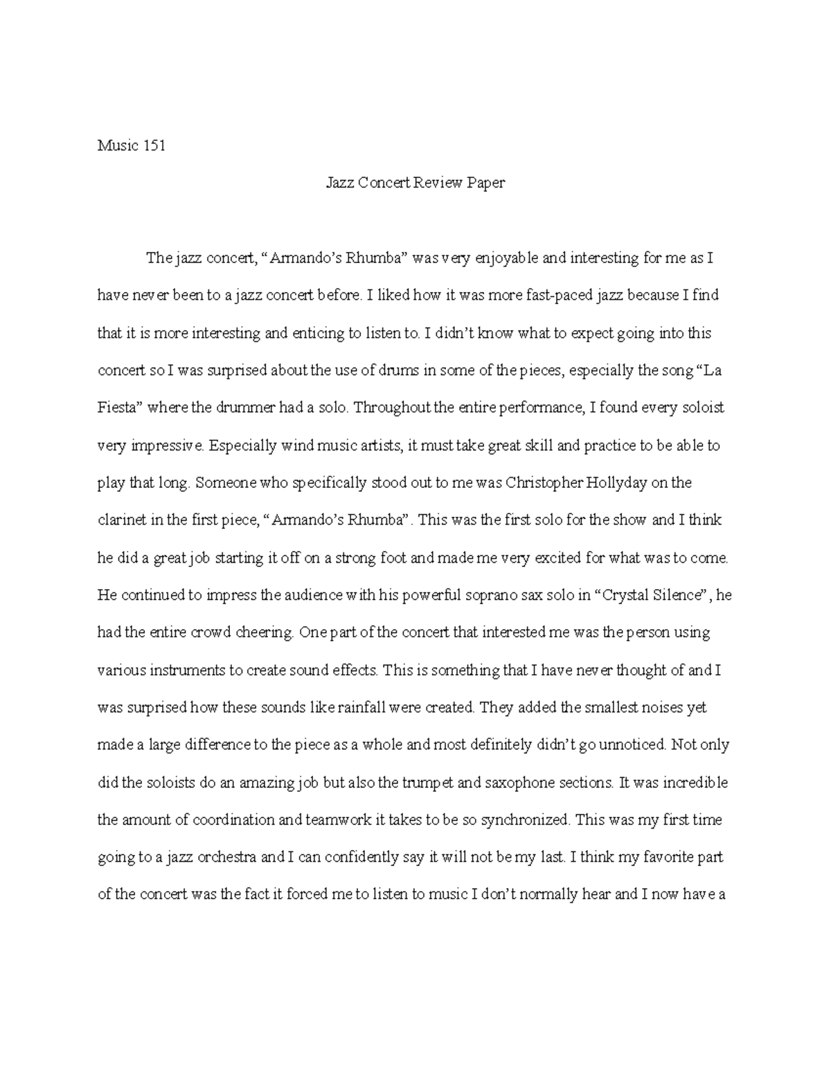 Jazz Concert Review Paper - Music 151 Jazz Concert Review Paper The ...