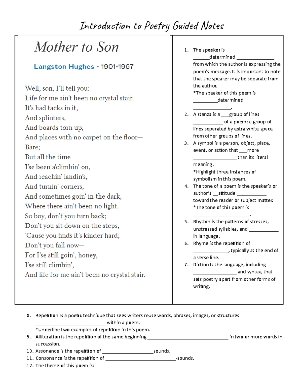 Copy of Fill in the blank Poetry notes - Introduction to Poetry Guided ...