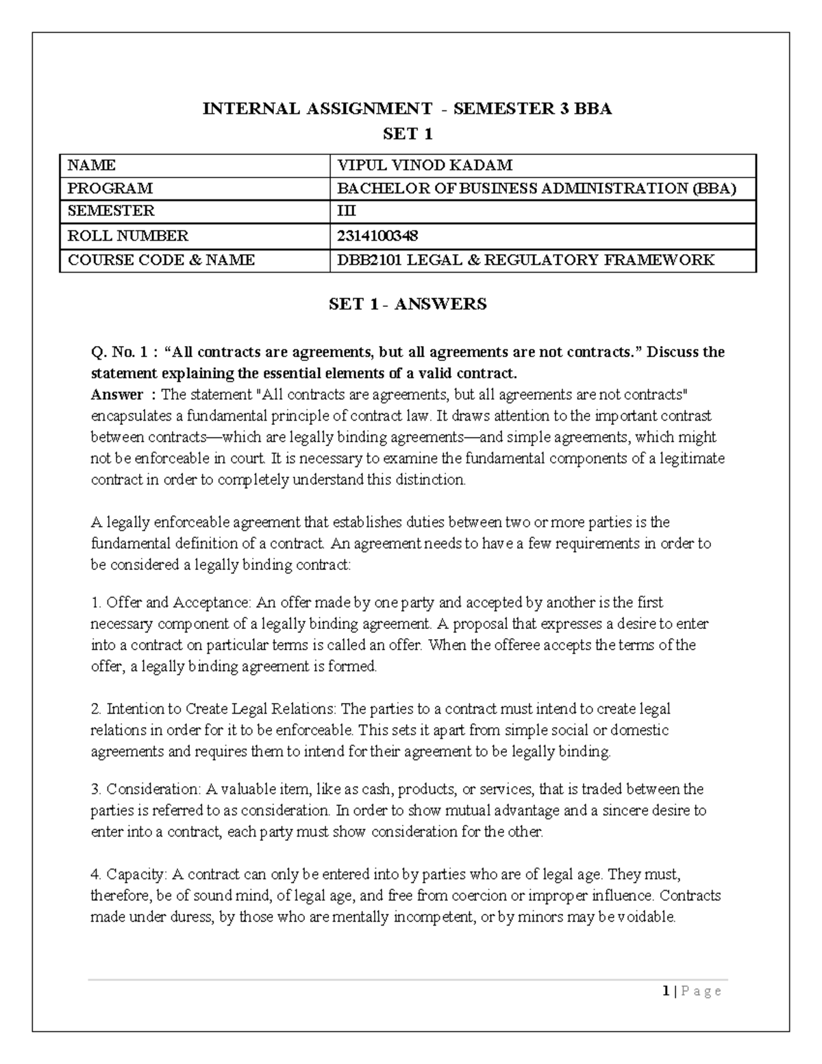 DBB2101 Legal & Regulatory Framework - Vipul Kadam - INTERNAL ASSIGNMENT - SEMESTER 3 BBA SET 1 ...
