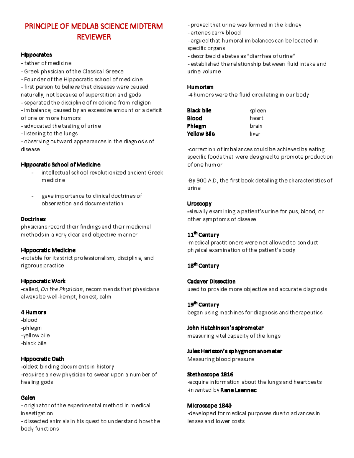 Principle OF Medlab Science Midterm Reviewer - PRINCIPLE OF MEDLAB ...