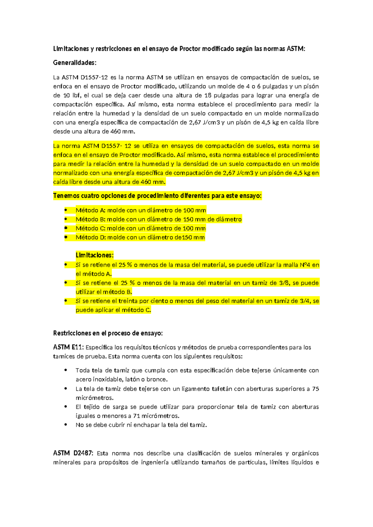 Limitaciones y restricciones en el ensayo de Proctor modificado según ...