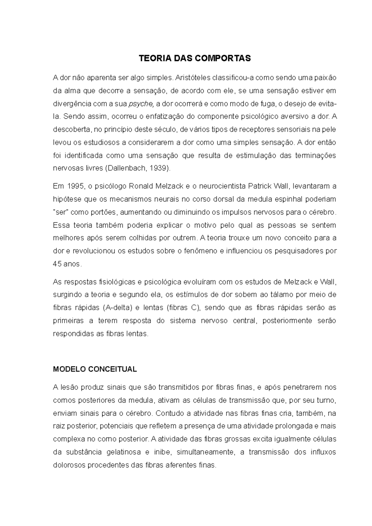 Teoria DAS Comportas - Resumo Fisiologia - TEORIA DAS COMPORTAS A dor ...