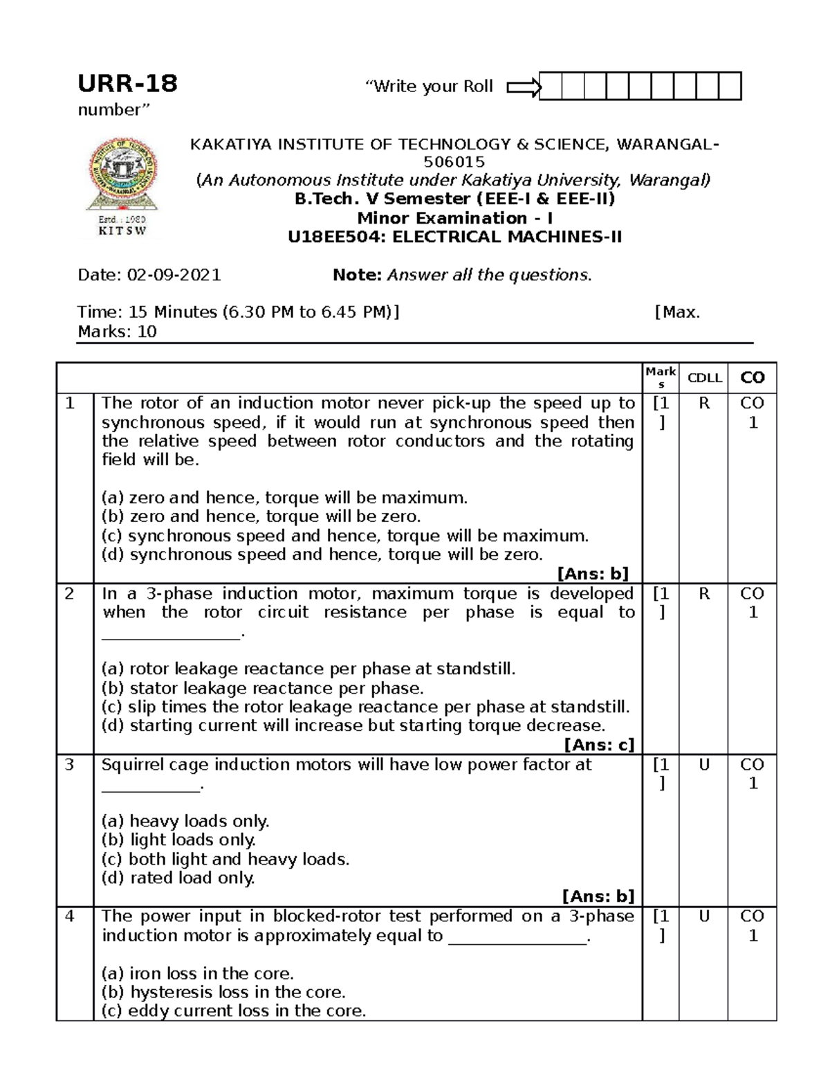 U18EE504-EM-2 EEE-Minor-I QP AY2021-22 - URR-18 “Write your Roll number” KAKATIYA INSTITUTE OF ...