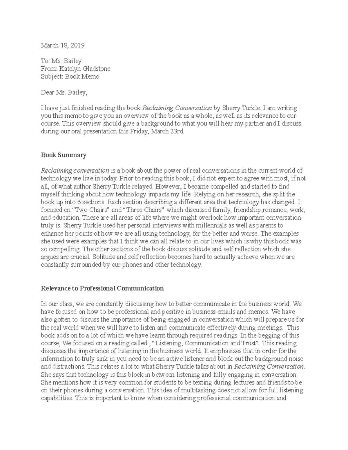 Memo for Book - memo for book assignment - March 18, 2019 To: Ms ...