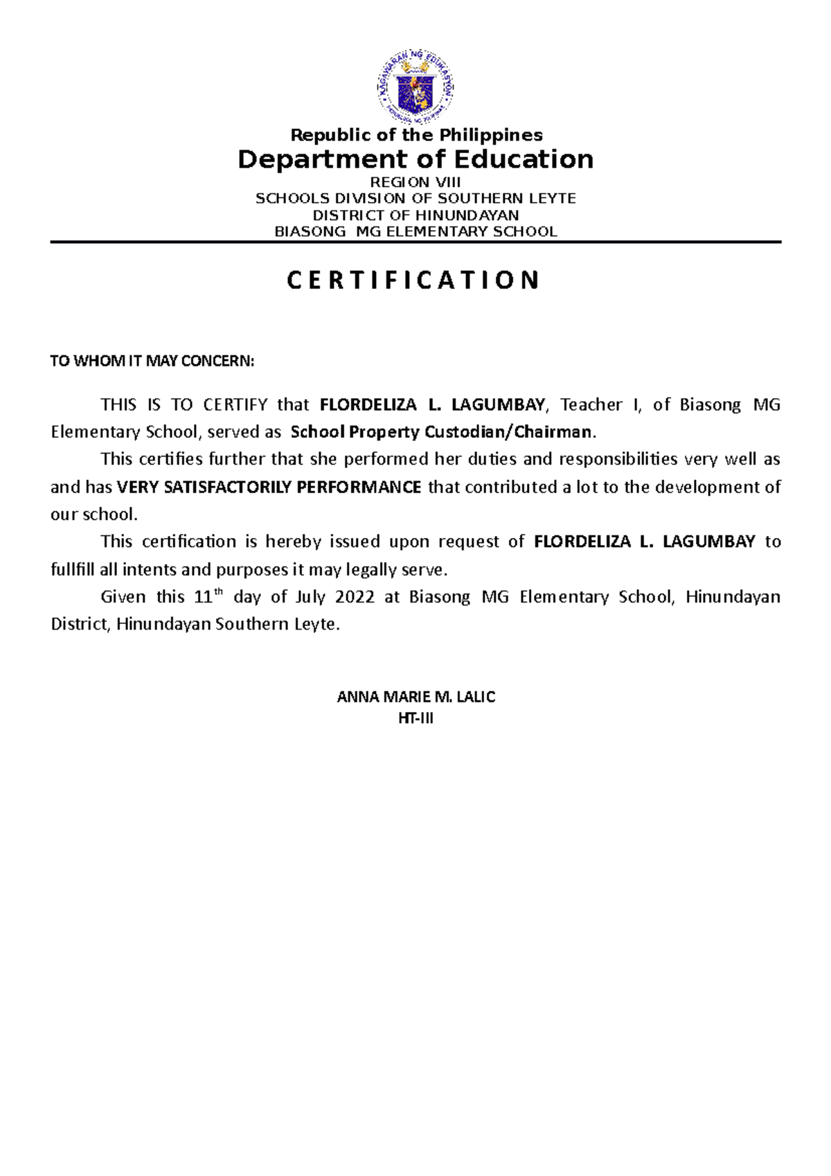 C E R T I F I C A T I O N - CERTIFICATION - Republic of the Philippines Department of Education ...