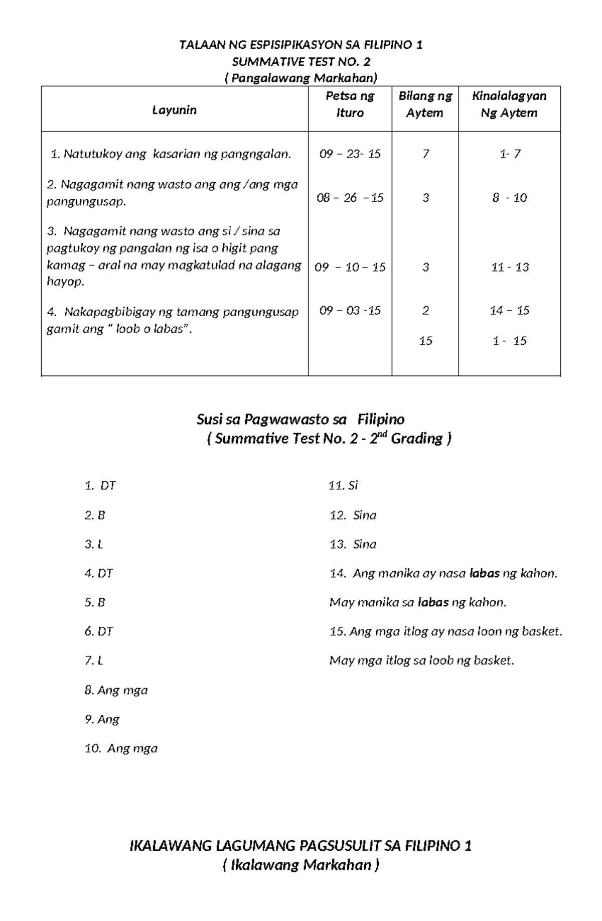 ST Filipino 1 Q2 V2 - TALAAN NG ESPISIPIKASYON SA FILIPINO 1 SUMMATIVE ...