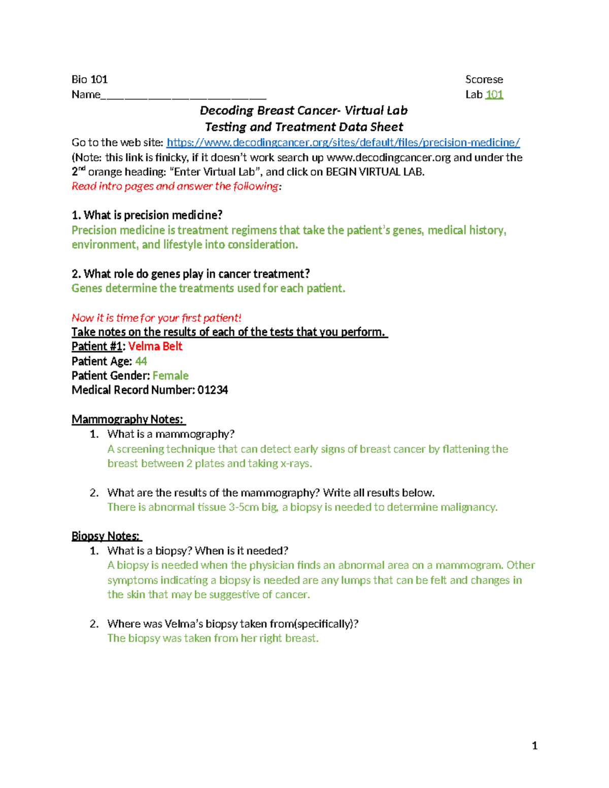 Breast Cancer Lab Sheet - Bio 101 Scorese Name ...