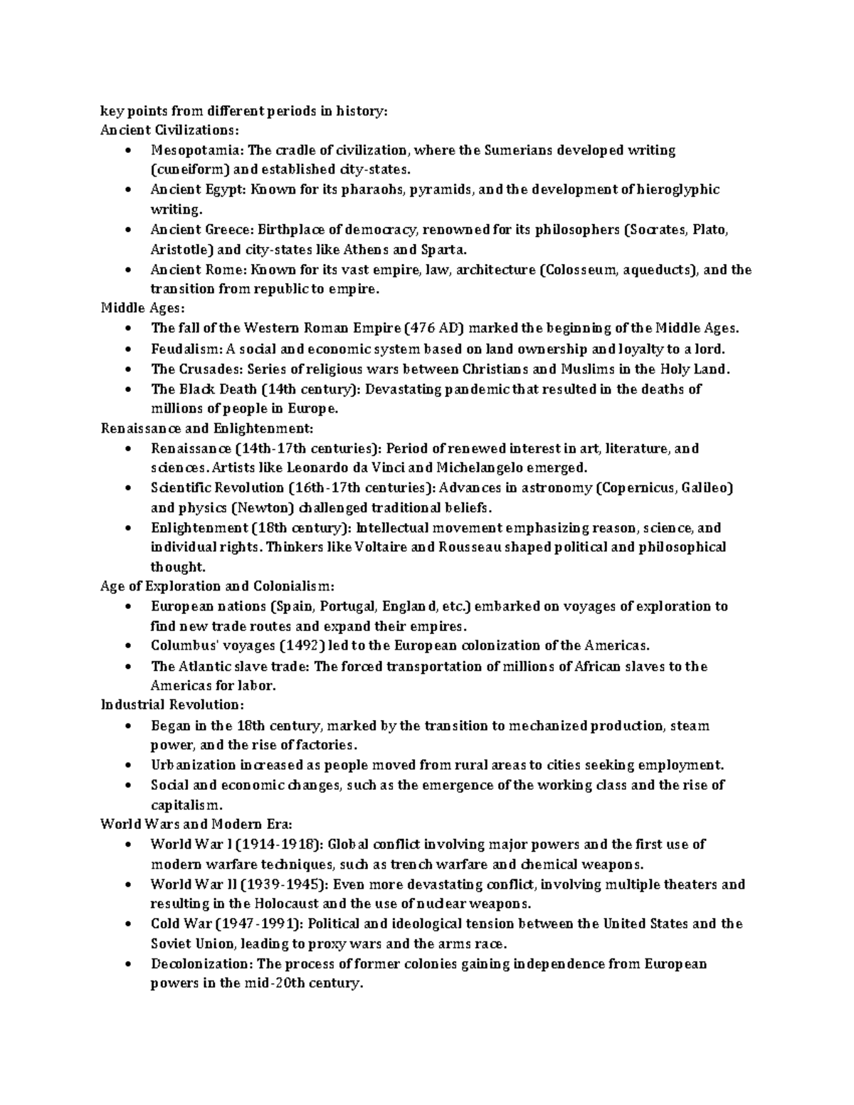 Key points from different periods in history - key points from ...