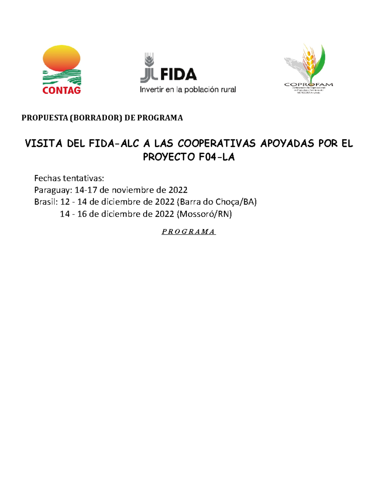 Misión FIDA FO4-LA - quimica - PROPUESTA (BORRADOR) DE PROGRAMA VISITA ...