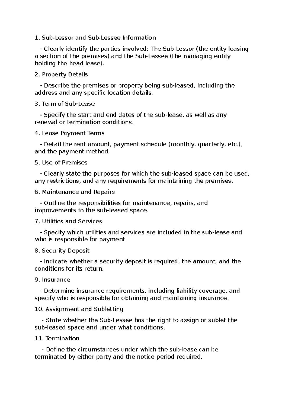 Sub Lease Agreement - Sub-Lessor and Sub-Lessee Information Clearly ...