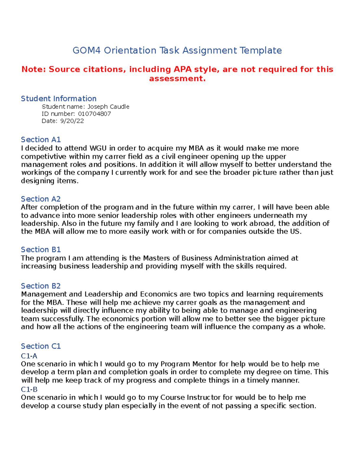 Joe Caudle Orientation Task - WGU - Studocu
