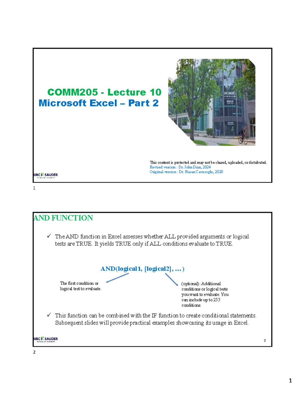 Lecture 10 Notes Comm205 Lecture 10 Microsoft Excel Part 2 This