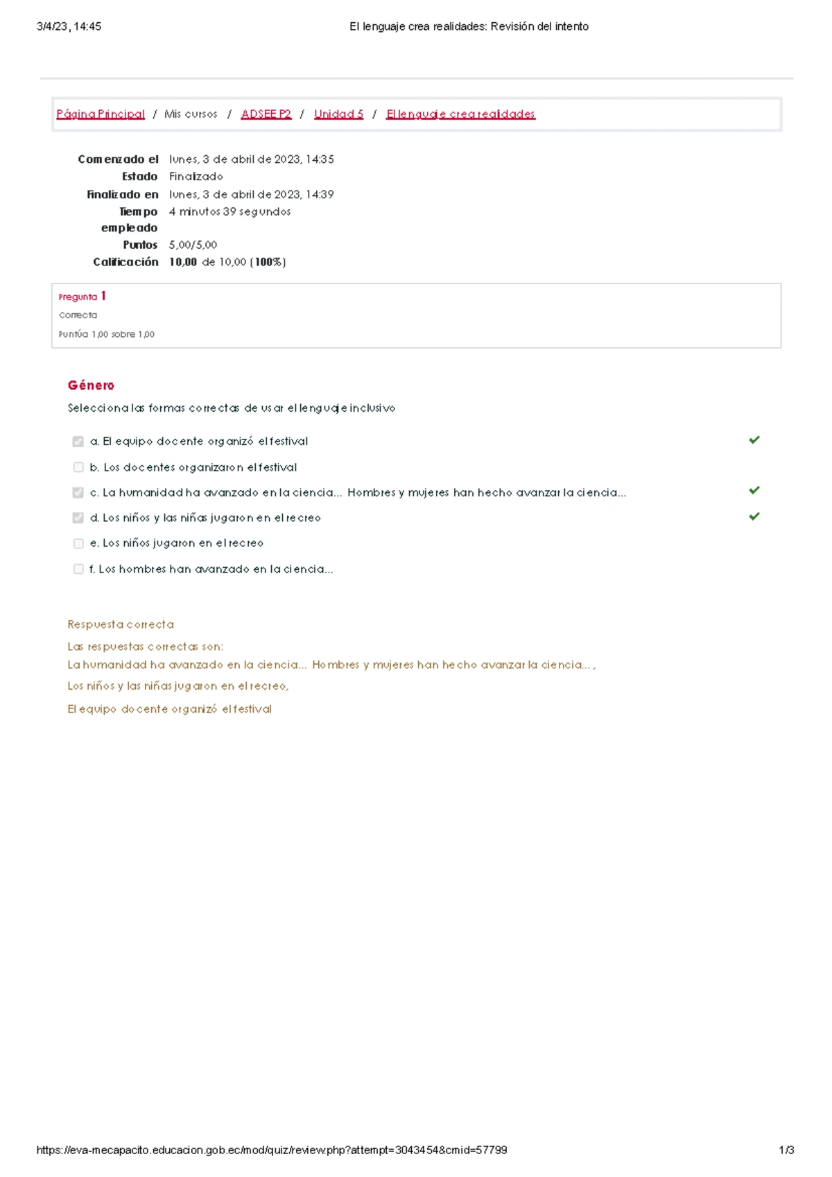 Cuestionario Unidad 3 Modulo 3 Me capacito Revisión del intento - Página Principal / Mis cursos ...