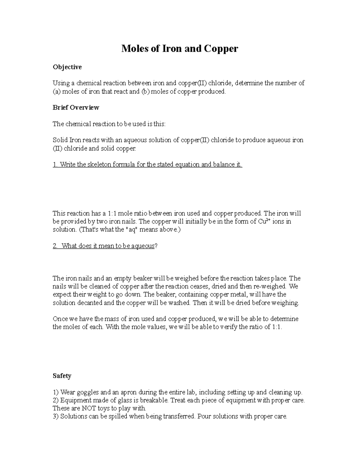 Moles of Iron and Copper - Moles of Iron and Copper Objective Using a ...