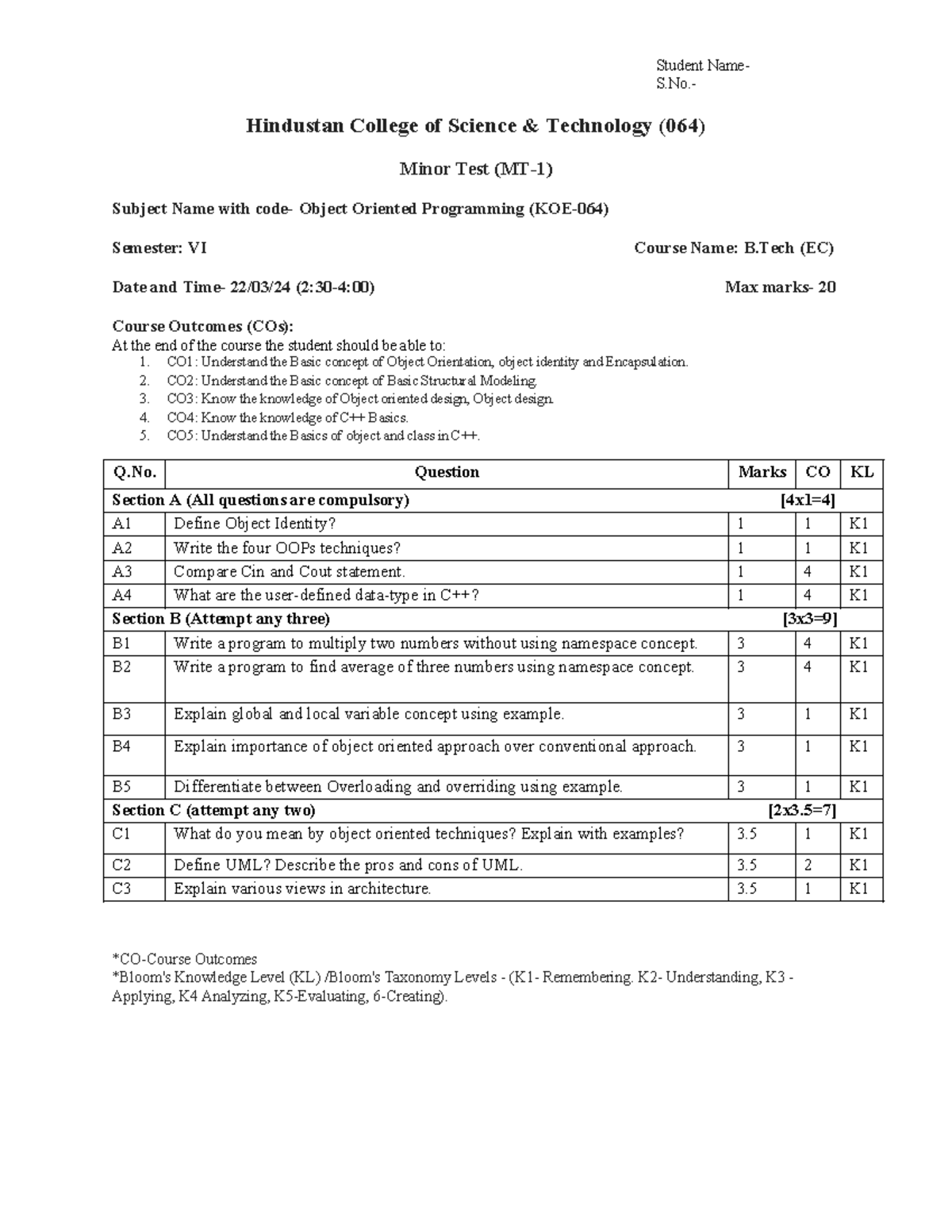 OOP QP MT1 22-03-24 v2 - assignment - Student Name- S.- Hindustan ...