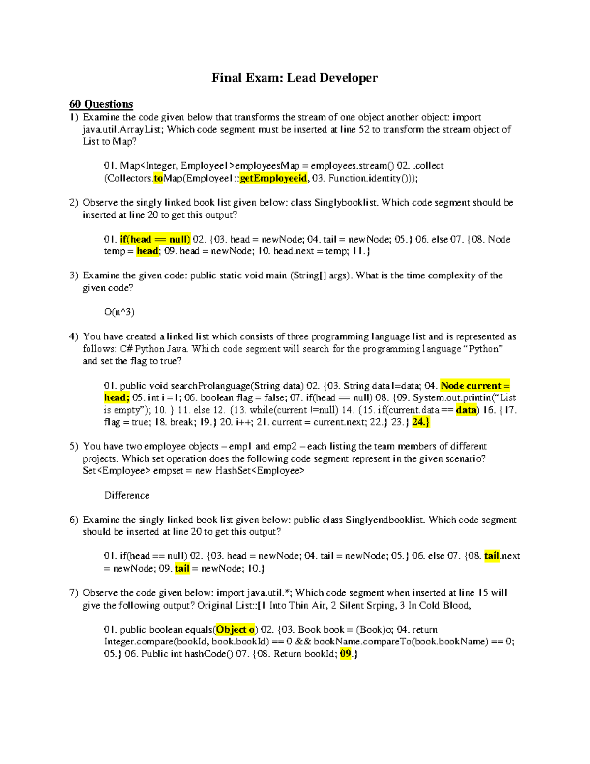 Skillsoft Lead Developer Final Exam - Final Exam: Lead Developer 60 Questions Examine the code ...
