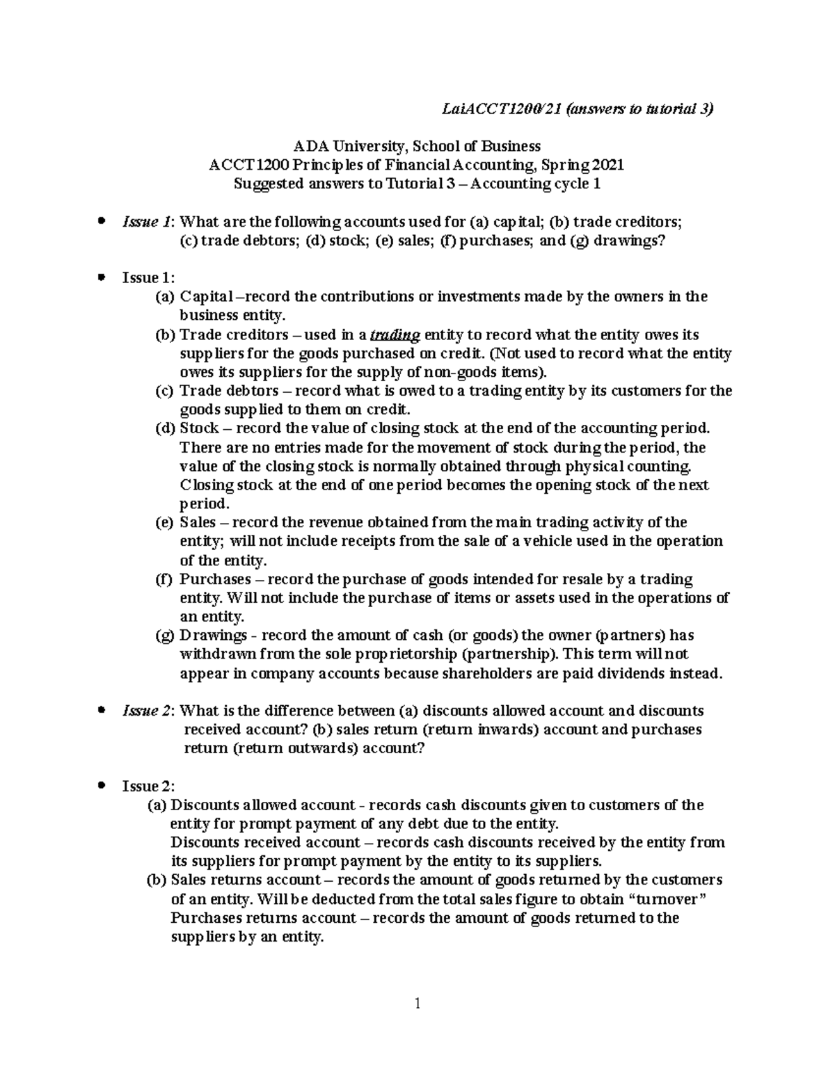ACCT1200(21) answers to tutorial 3 - ADA University, School of Business ...