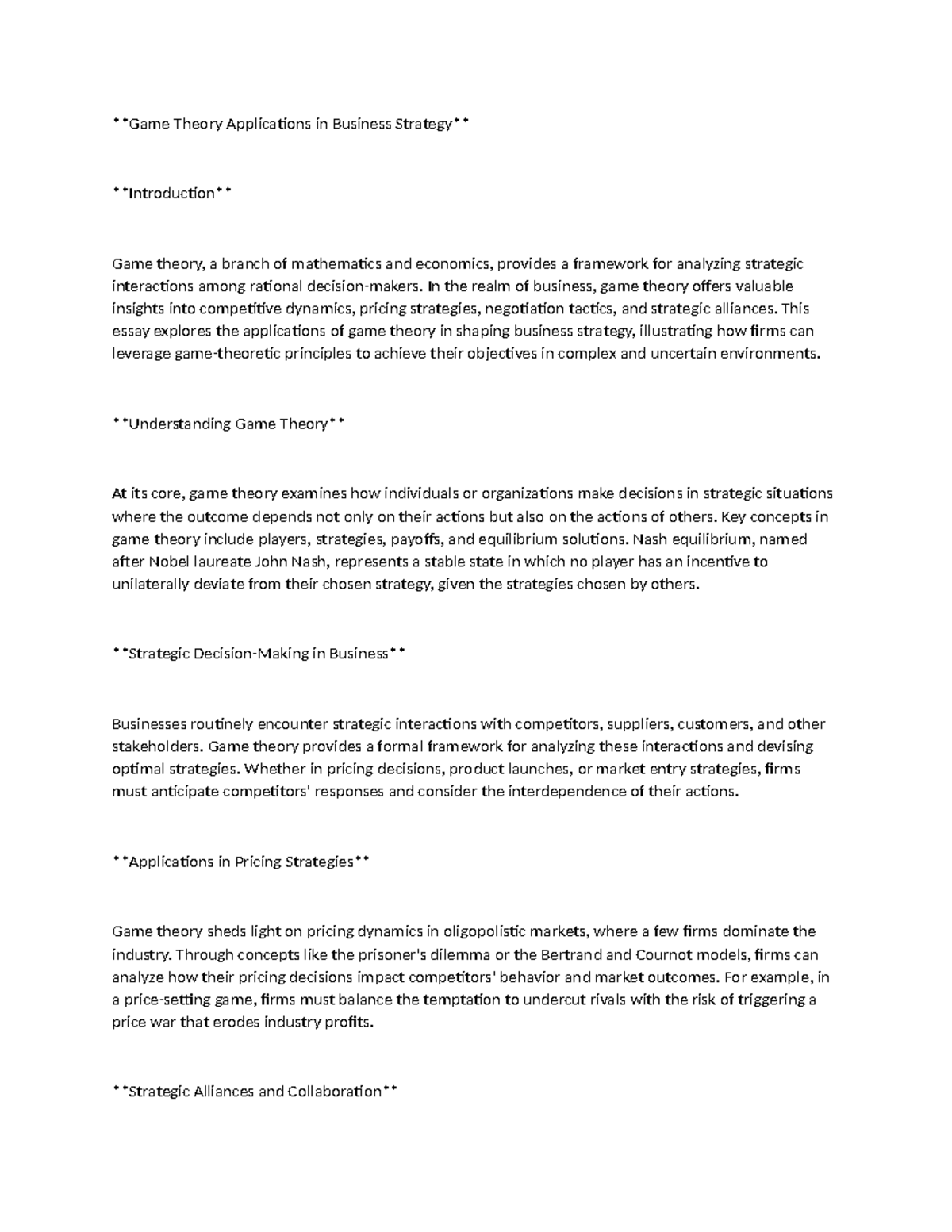 Game Theory Applications In Business Strategy Game Theory Applications In Business Strategy
