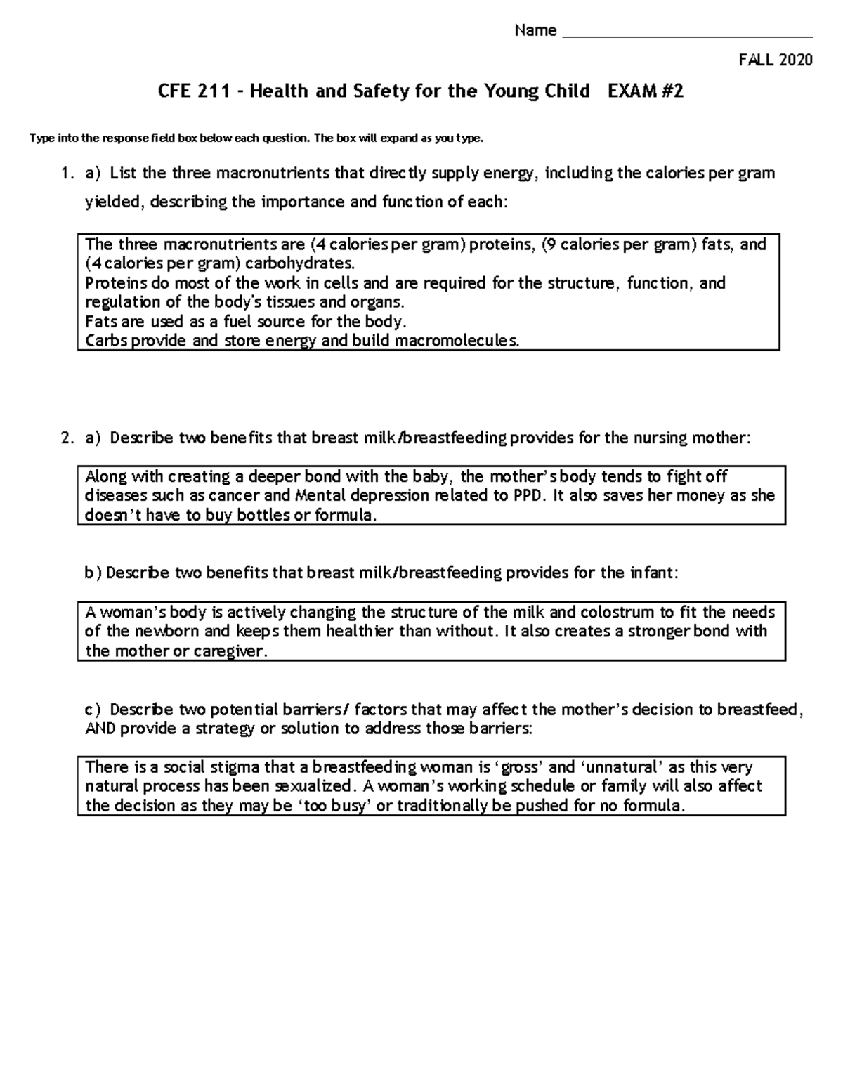 CFE 211 EXAM 2 FALL 2020 Health and Safety for the Young Child - Name