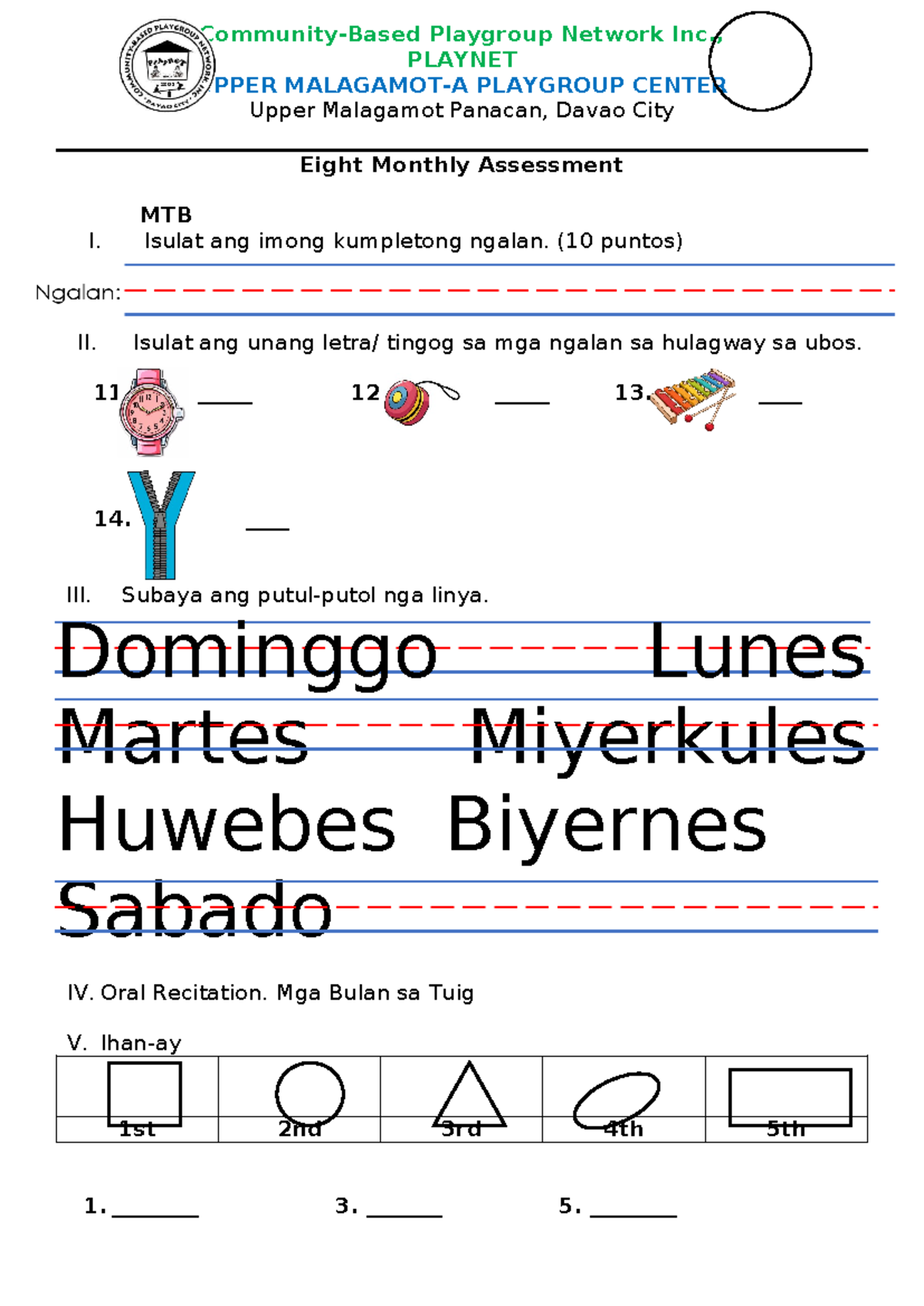 Exam Eight Month - Examination assessment - Community-Based Playgroup ...
