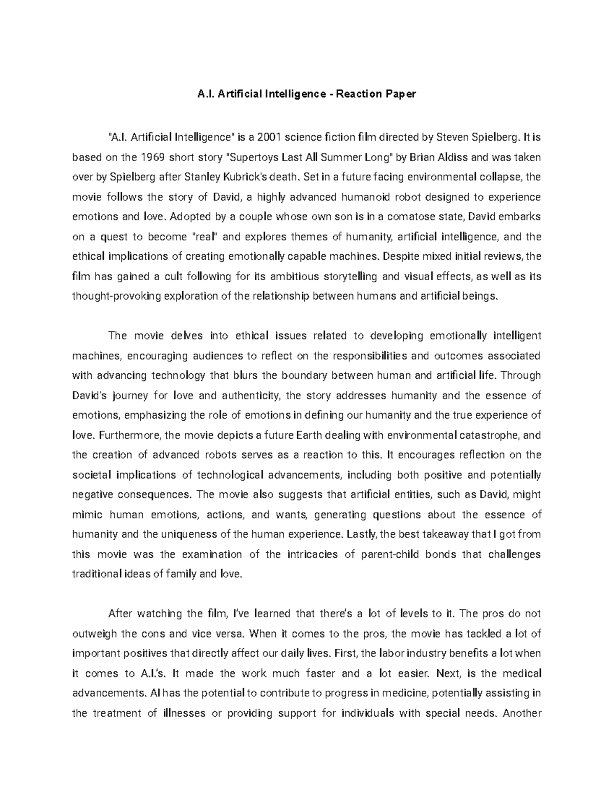 A.i. - DSADSADSADASDAS - A. Artificial Intelligence - Reaction Paper "A ...