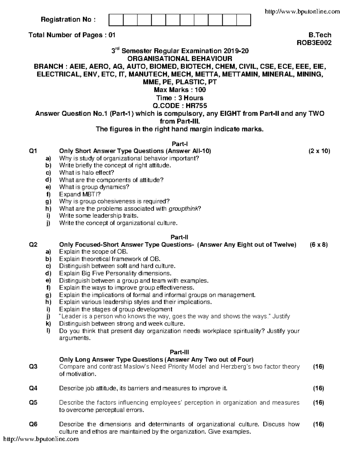 Btech all 3 sem organisational behaviour rob3e002 2020 - Registration No : Total Number of Pages ...