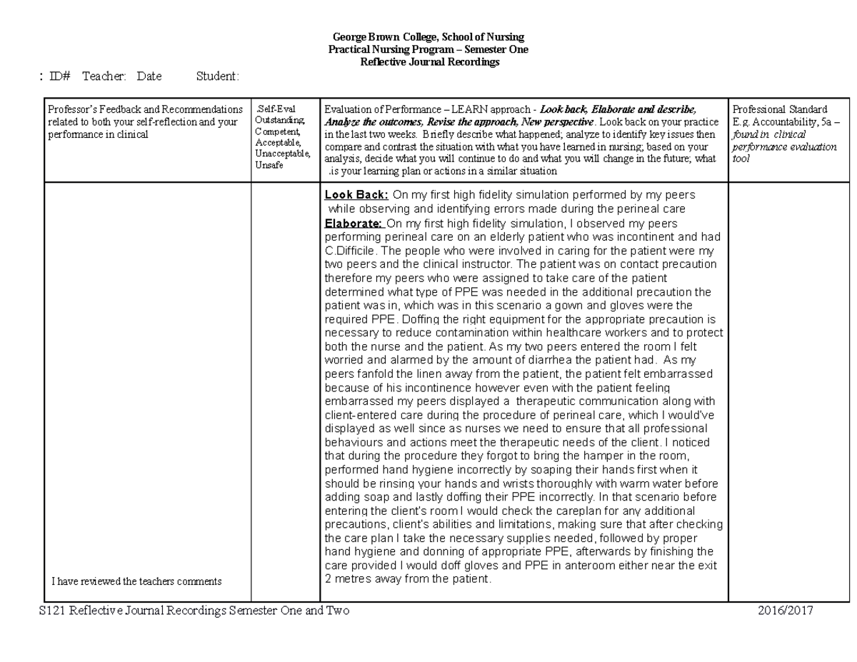Reflective Journal - George Brown College, School of Nursing Practical ...