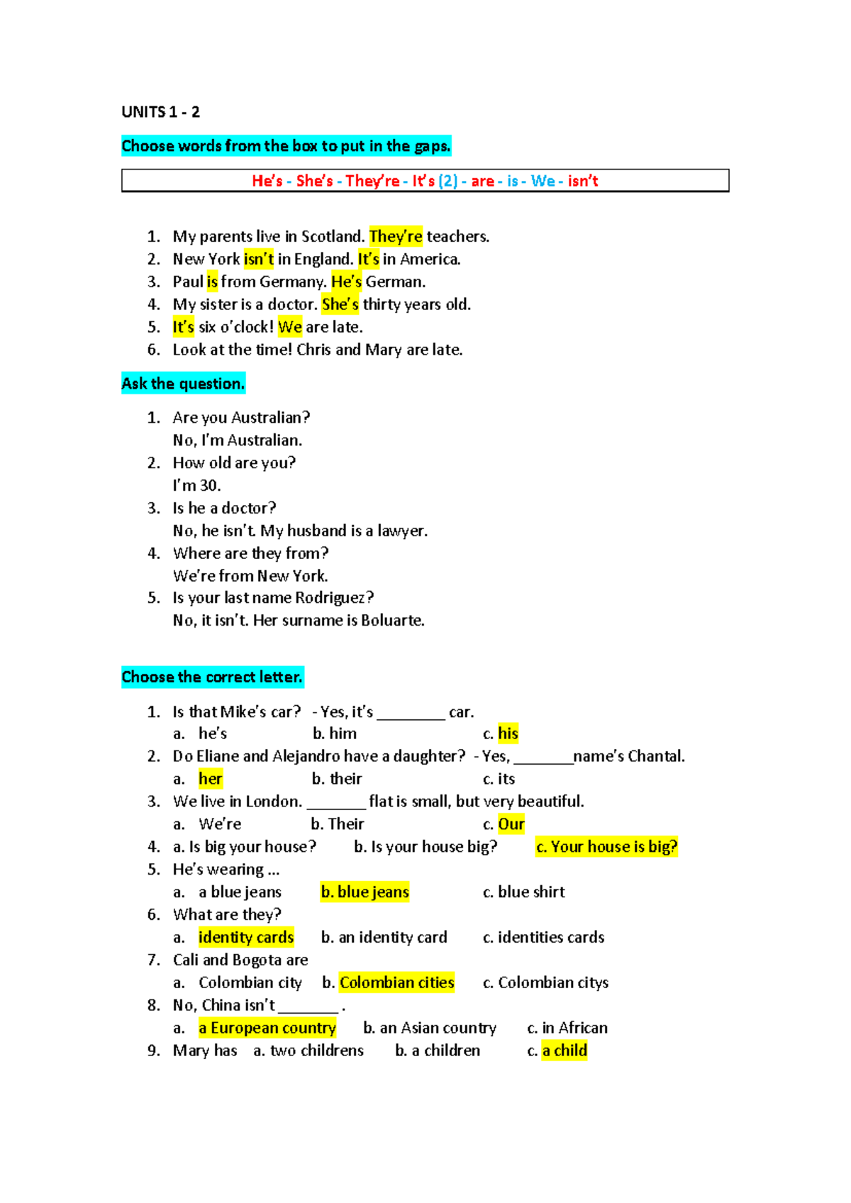 Checking Units 1-2 - ingles - UNITS 1 - 2 Choose words from the box to put in the gaps. He’s ...
