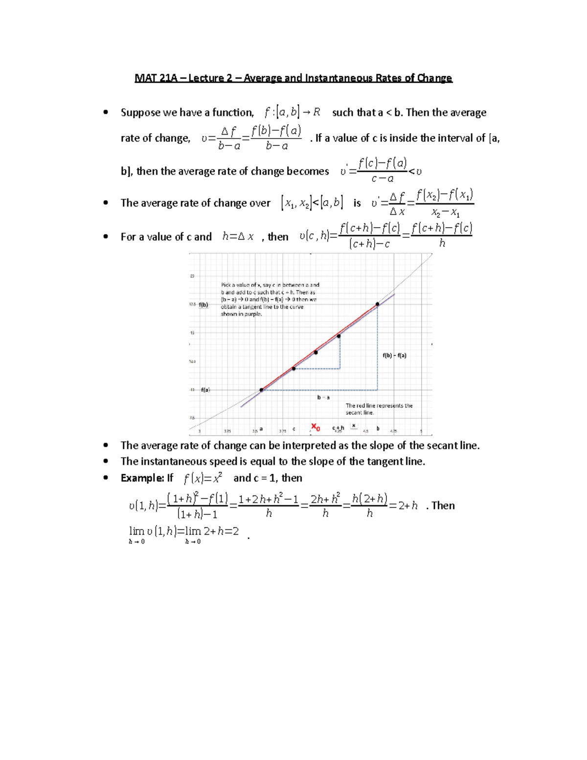 MAT 21A – Lecture 2 – Average and Instantaneous Rates of Change - Then ...