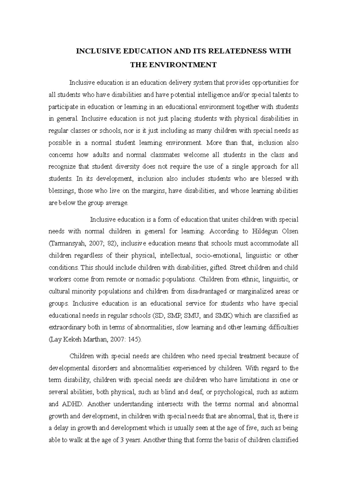 Inclusive Education AND ITS Relatedness WITH THE Environtment ...