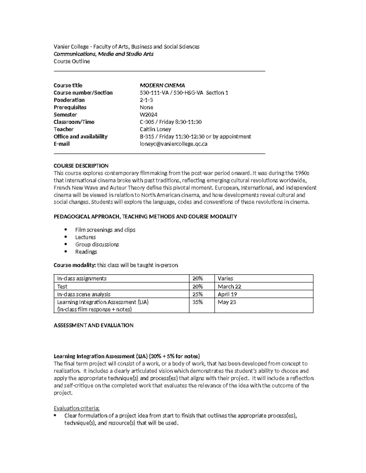 Modern Cinema - Course Outline - Vanier College - Faculty of Arts ...