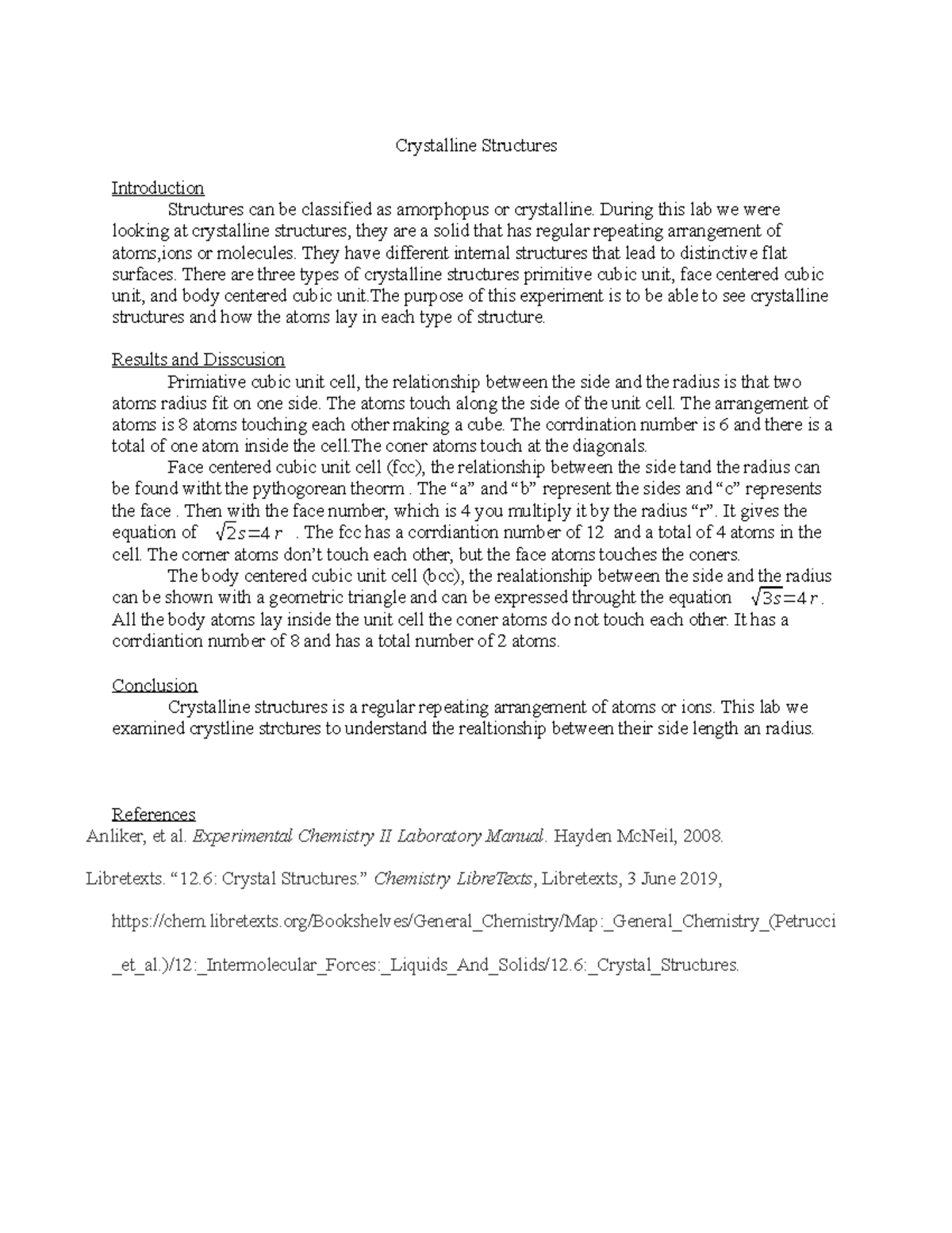 Crystilline Structures lab report - Crystalline Structures Introduction ...