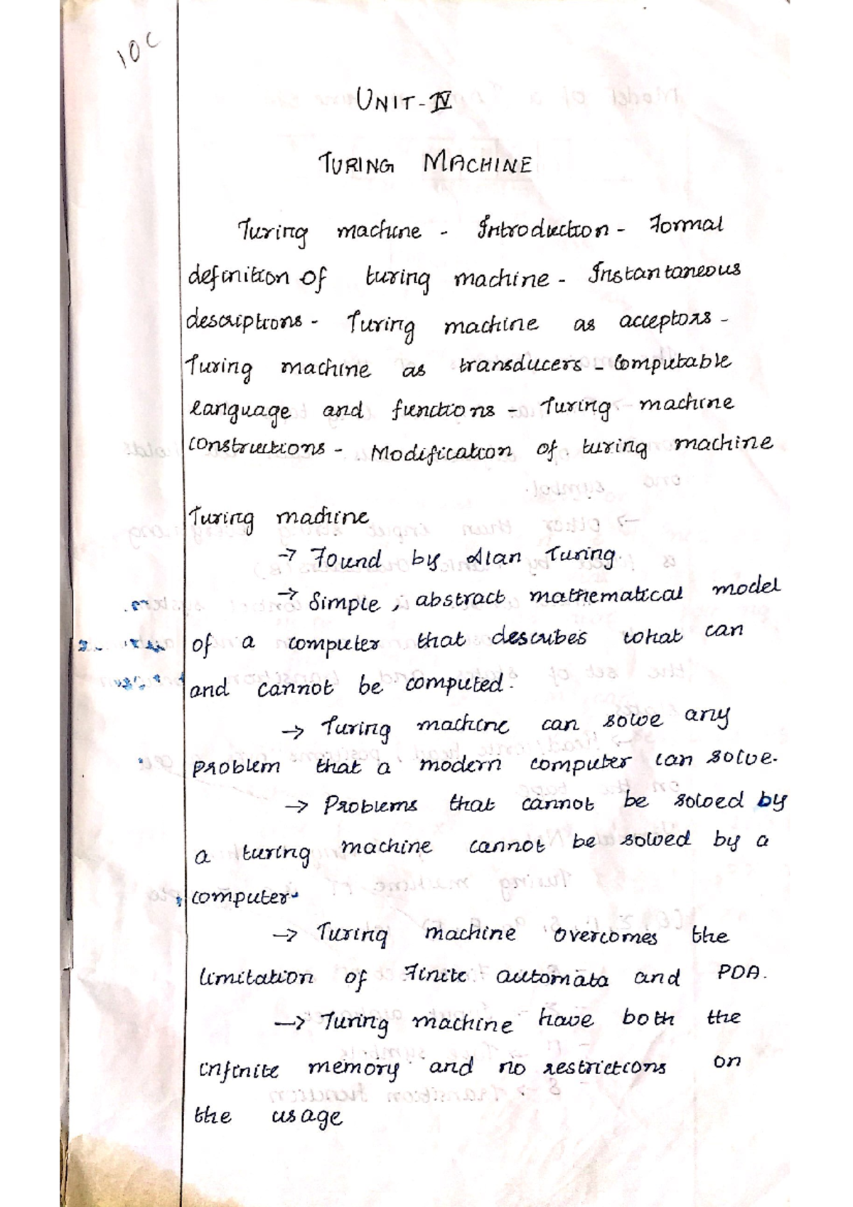 TOC UNIT 4-5 - CH- 4 and ch-5 notes - 10c UNIT IV TURING MACHINE Turing ...
