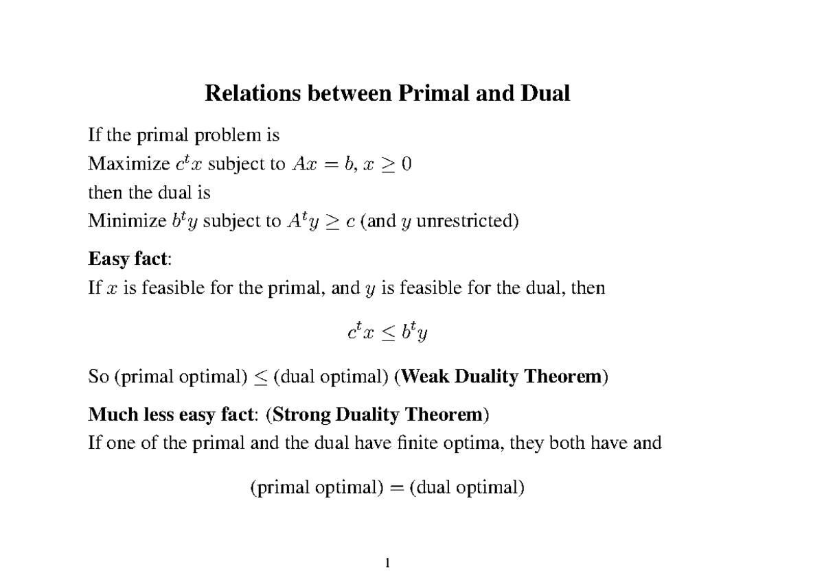 CharacteristicsDualPrimal - Relations between Primal and Dual If the primal problem is Maximize ...