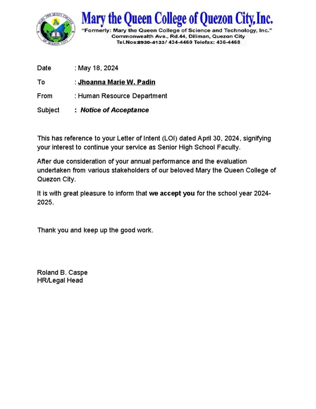 Reply to LOI - To : Jhoanna Marie W. Padin From : Human Resource ...