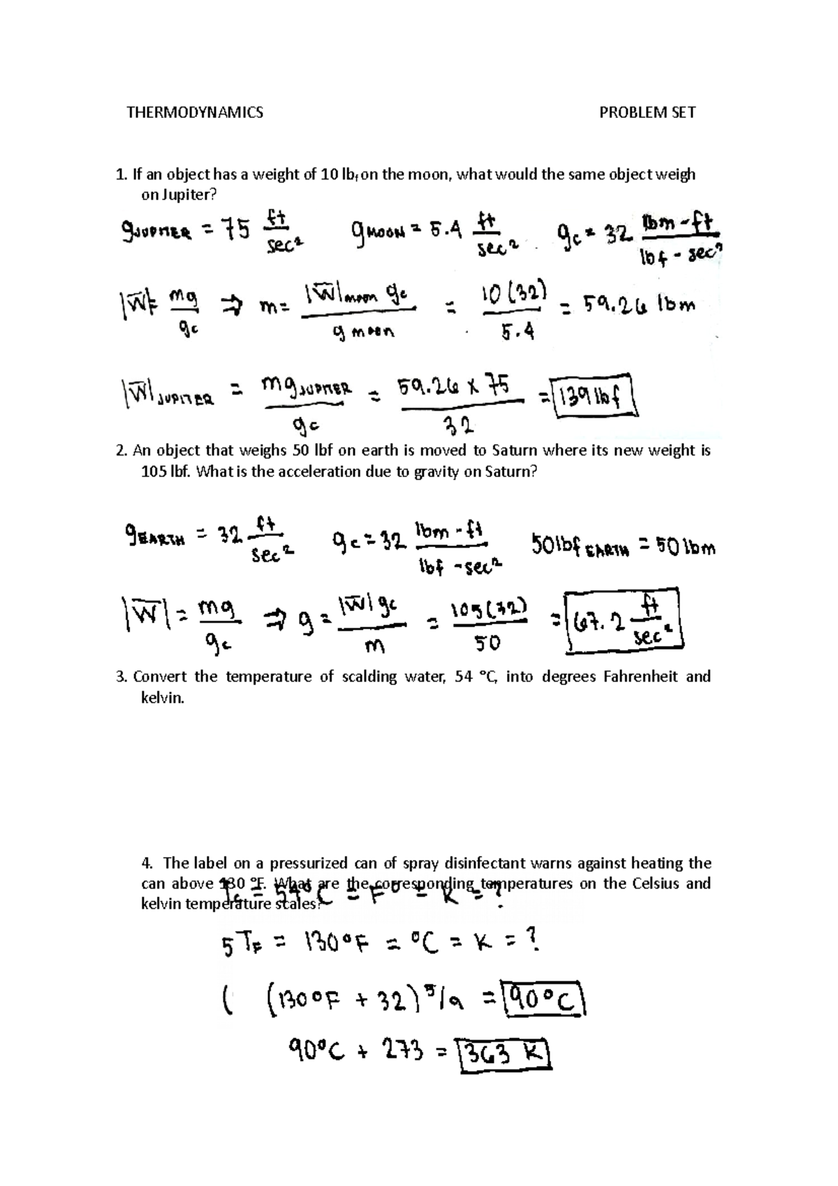 Thermodynamics PROB SET 1 - THERMODYNAMICS PROBLEM SET If an object has ...