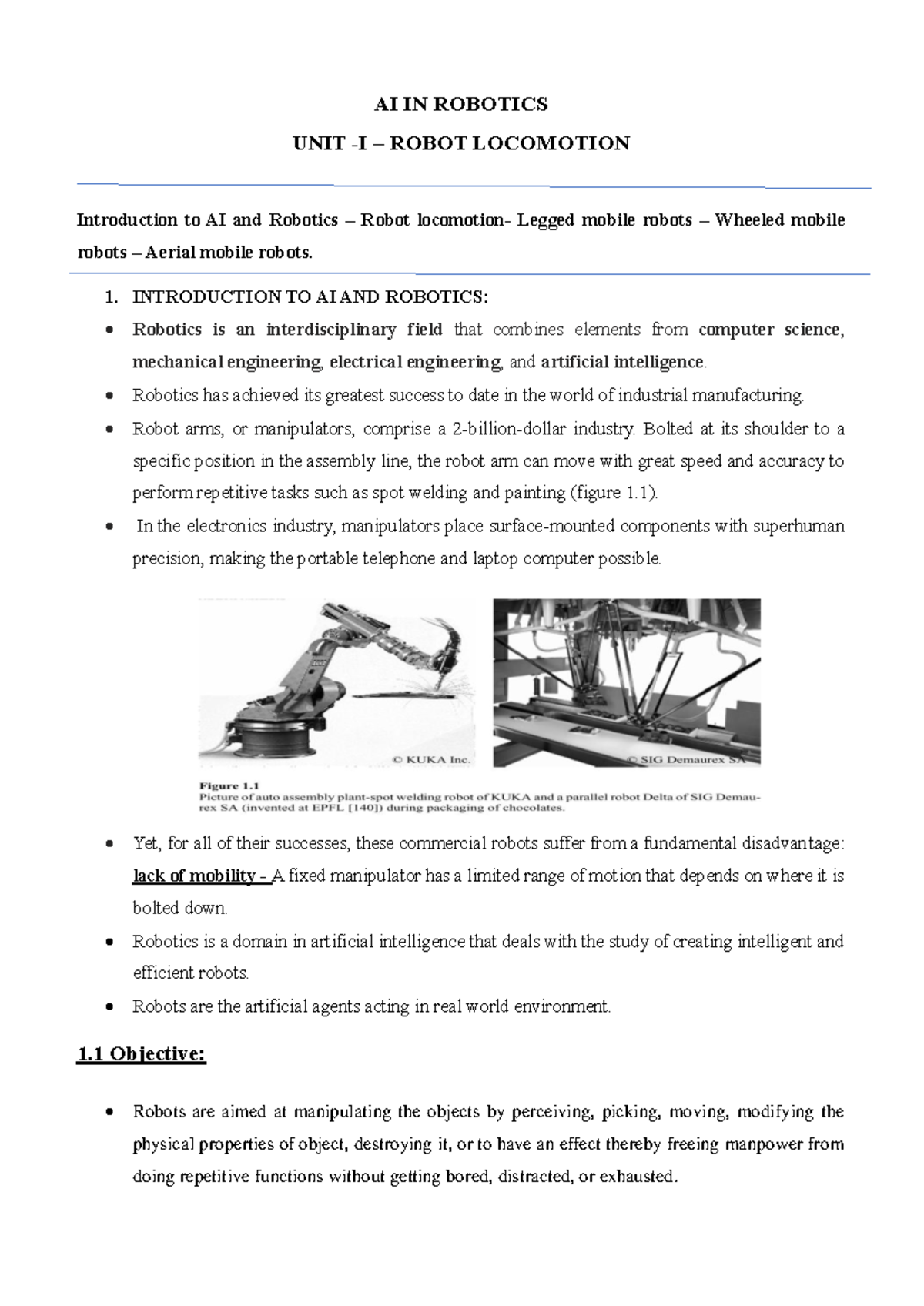 UNIT - 1 AI IN Robotics - AI IN ROBOTICS UNIT - I – ROBOT LOCOMOTION ...