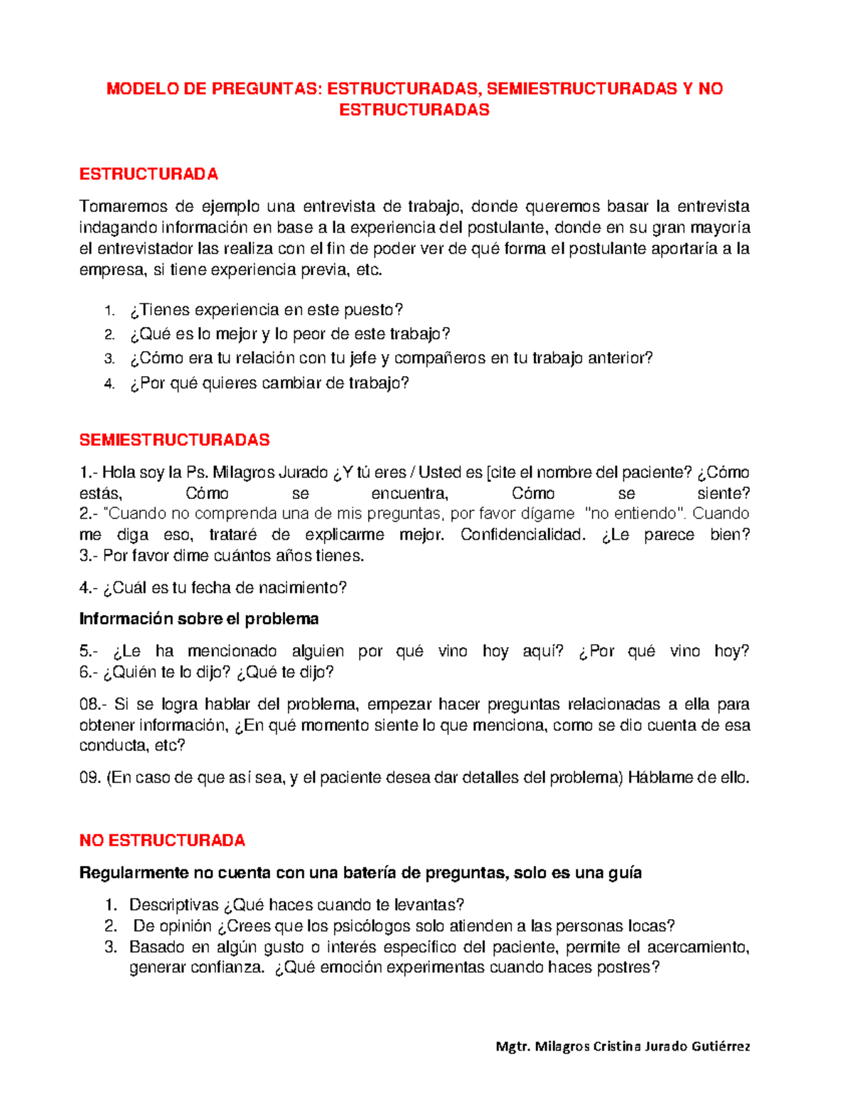 Lectura Modelos de preguntas - Mgtr. Milagros Cristina Jurado Gutiérrez MODELO DE PREGUNTAS ...